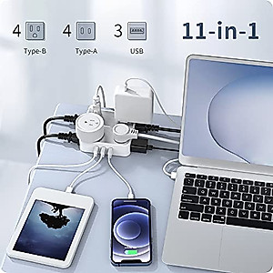 SUPERDANNY Power Strip Surge Protector with 3 USB Ports, 8 Widely Spaced Outlets, Flat Plug, 5 Ft Extension Cord, 1050 Joules, Wall Mount, Compact Size Space Save, Stylish Brushed Finish, White