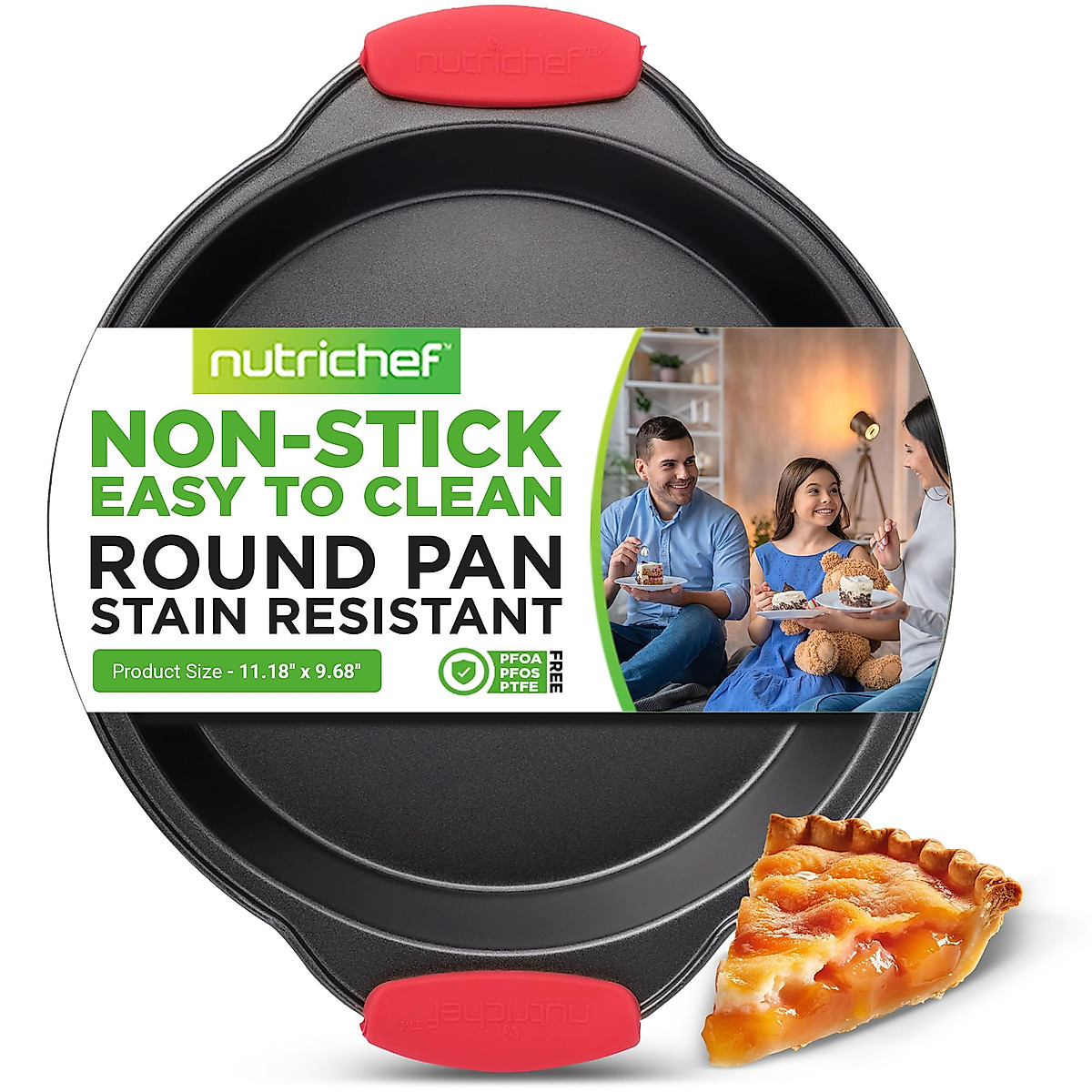 Non Stick Cake Round Pan, Deluxe Gray Carbon Steel Pan with Red Silicone Handles, Quality Metal Bakeware For Cooking & Baking Cake Loaf, Muffins & More, Compatible with Model NCSBS10S