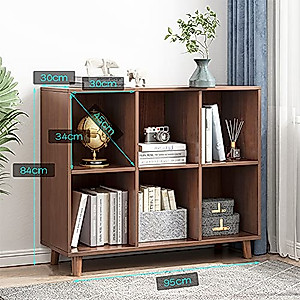IOTXY Freestanding Open Cubes Bookcase - 2-Tier Floor Standing Wooden Storage Display Cabinet Organizer with Legs for Home Office, 6-Cubes Open Shelf Low Short Bookshelf, Walnut