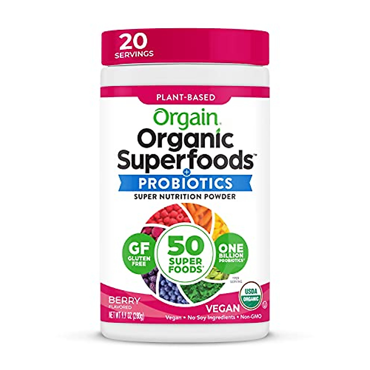 Orgain Organic Green Superfoods Powder, Berry - Antioxidants, 1 Billion Probiotics, Vegan, Dairy Free, Gluten Free, Kosher, Non-GMO, 0.62 Pound (Packaging May Vary)