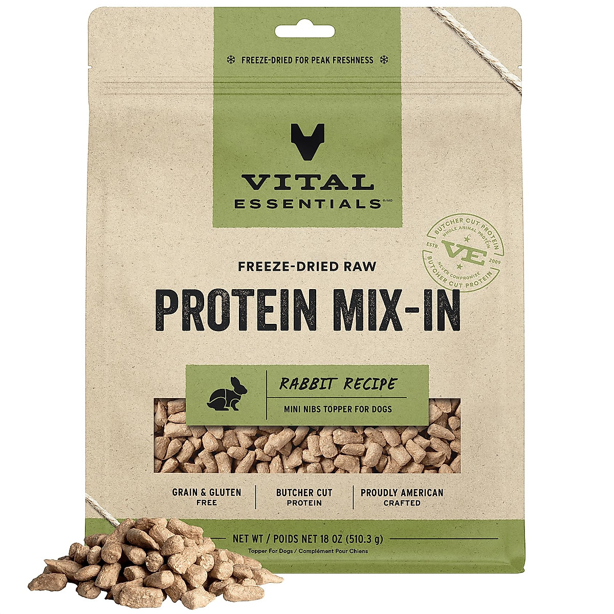 Vital Essentials Freeze Dried Raw Protein Mix-in Dog Food Topper, Rabbit Mini Nibs Topper for Dogs, 18 oz