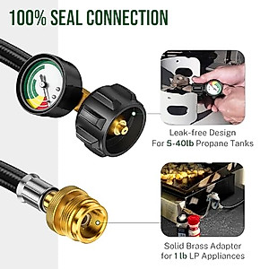 Alloxity 6FT Propane Hose Adapter 1lb to 20lb, Propane Tank Hose with Gauge, Propane Adapter 20lb to 1lb Converter, Adapter Hose for Weber Q Grill, Coleman Camp Stove, Blackstone Griddle, Buddy Heater