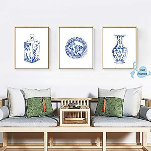 Chinoiserie Wall Art Print-- Bedroom or Study Decor -- Chinese Blue White Porcelain Vase Canvas Print ( Set of 6 )--Unframed--8X10 inch 1