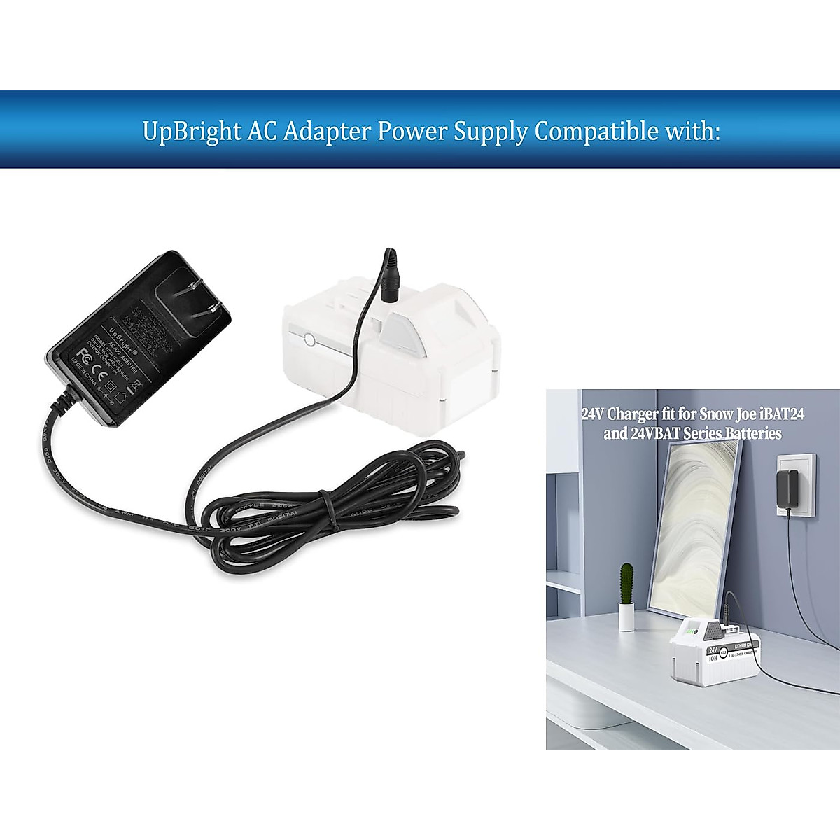 UpBright 24V AC Adapter Compatible with Snow Sun Joe 24VBAT 24VBAT-LT 24V-GS-LTW SJ-WD24V TJW24C 24V-PP350-LTE 24V-AJC-LTW 24V-JB-LTE 24V-TB-LTE Weeder iBAT24-LTE iCHRG24-AC 24V-TB-CT ION Blower 25.2V