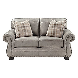 Signature Design by Ashley Olsberg Faux Leather Loveseat with Nailhead Trim and 2 Accent Pillows, Gray