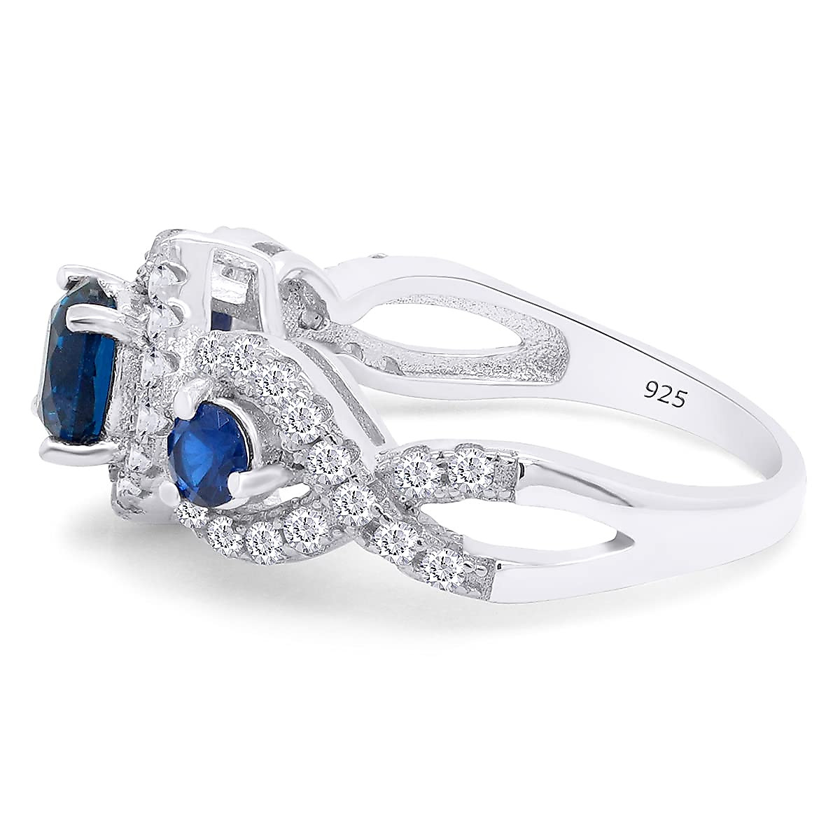 SAVEARTH DIAMONDS Infinity Style, Center 5MM Round Cut Simulated Blue Sapphire And Cubic Zirconia Three Stone Cluster Engagement Ring In 14k White Gold Over Sterling Silver For Women Size-10