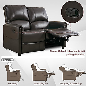 TUNYI 48.2" Loveseat Recliner RV Sofa - Double Manual Recliner Loveseat Glossy Leather Reclining Loveseat RV Furniture with 1" Leg and Side Pocket for Living Room/Apartment/RV (Brown)