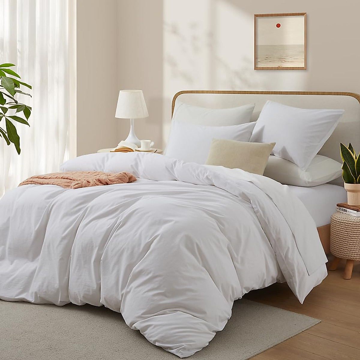 LOVQUE 100% Washed Cotton Duvet Cover Queen Size, White Linen Like Breathable Natural Bedding Set (No Comforter), 90x90 Inches