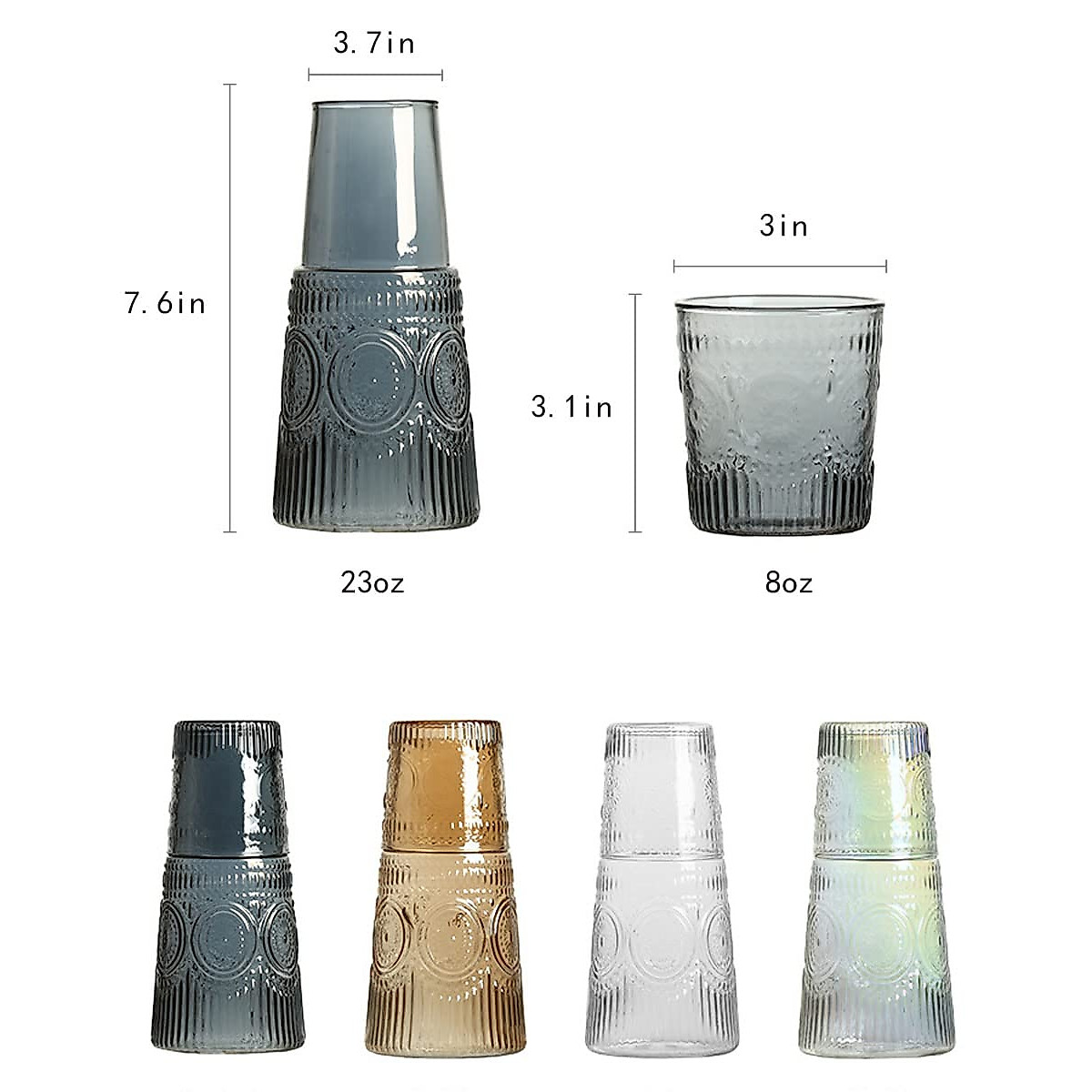 RockTrend Retro Sunflower Relief Glass Bedside Night Water Carafe with Tumbler Glass, Glass Pitcher and Cup Set-Amber