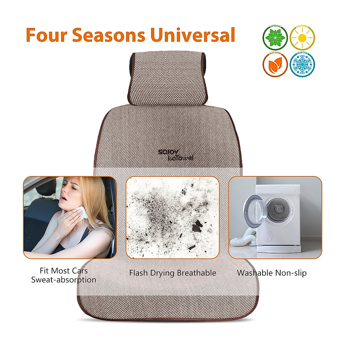 Sojoy Car Seat Covers Full Set Universal Fit Four Seasons Car Seat Towel Protector Easy to Use with Non-slip Bottom (Brown and Tan)