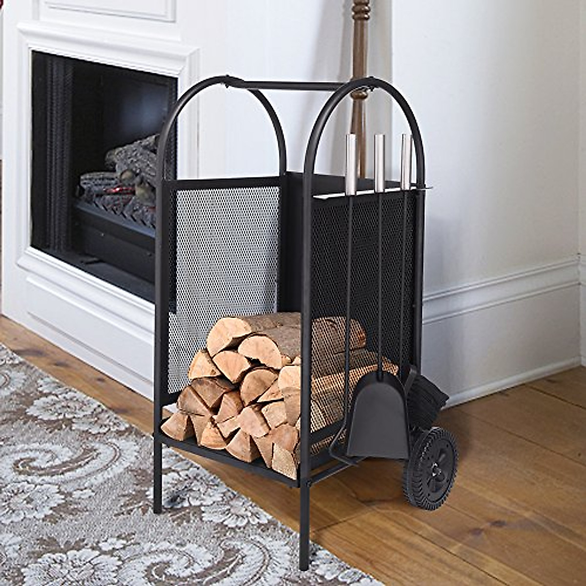 ART TO REAL Firewood Rack Log Cart With Large Wheels, Firewood Mover with 3 Fireplace Tool Set Fireplace Log Carriers Holders Black Wrought Iron Firepit Firewood Cart, 31.5'' x 14'' x 14''