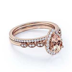 PB Collection Pear Shaped Morganite Engagement Ring Half eatrnity Wedding Band Bridal Ring Set for Women