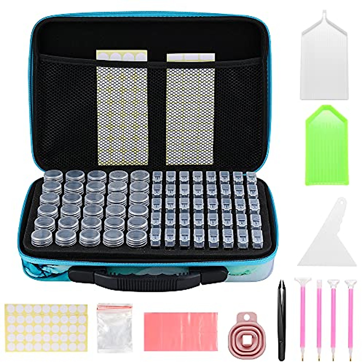 VTYHYJ Diamond Painting Storage Case with Tools 70 Slots Diamond Art Accessories Kit Shock-Proof Carrying Bag Container with Round and Square Beads Organizer, Funnel, Tays, Pens (Light Green)