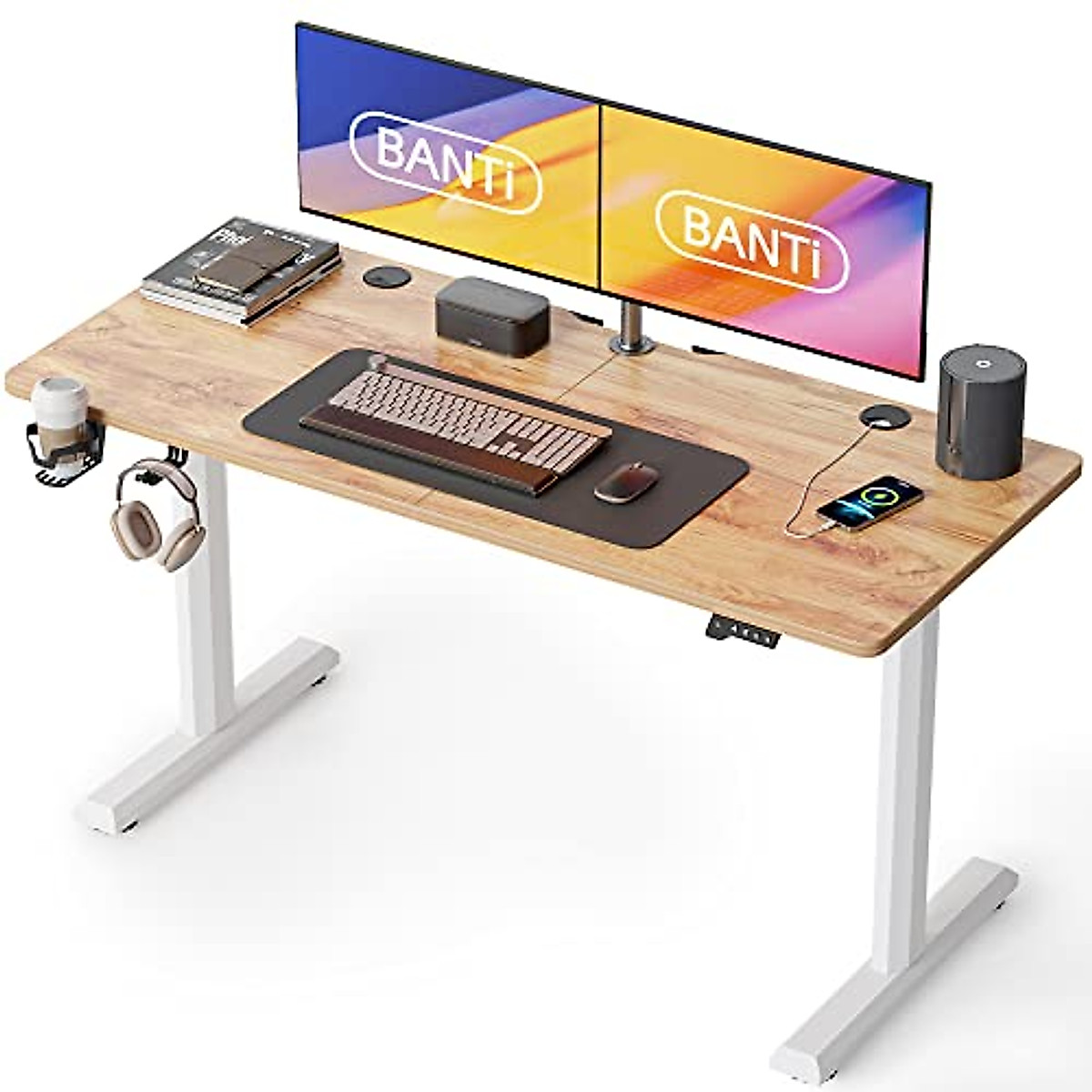 BANTI 55"x24" Standing Desk, Electric Stand up Height Adjustable Home Office Table, Sit Stand Desk, Light Rustic Brown Top