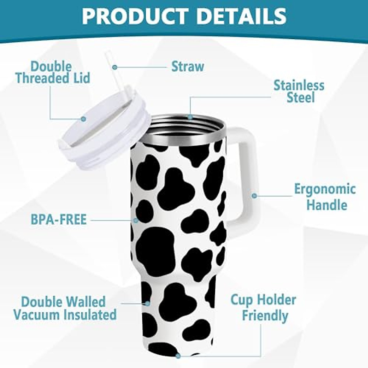 MCHIVER Cow Pattern 40 oz Tumbler with Handle and Straw Stainless Steel Vacuum Water Bottle Leak-proof Travel Coffee Mug Insulated Cup for Home Office Car
