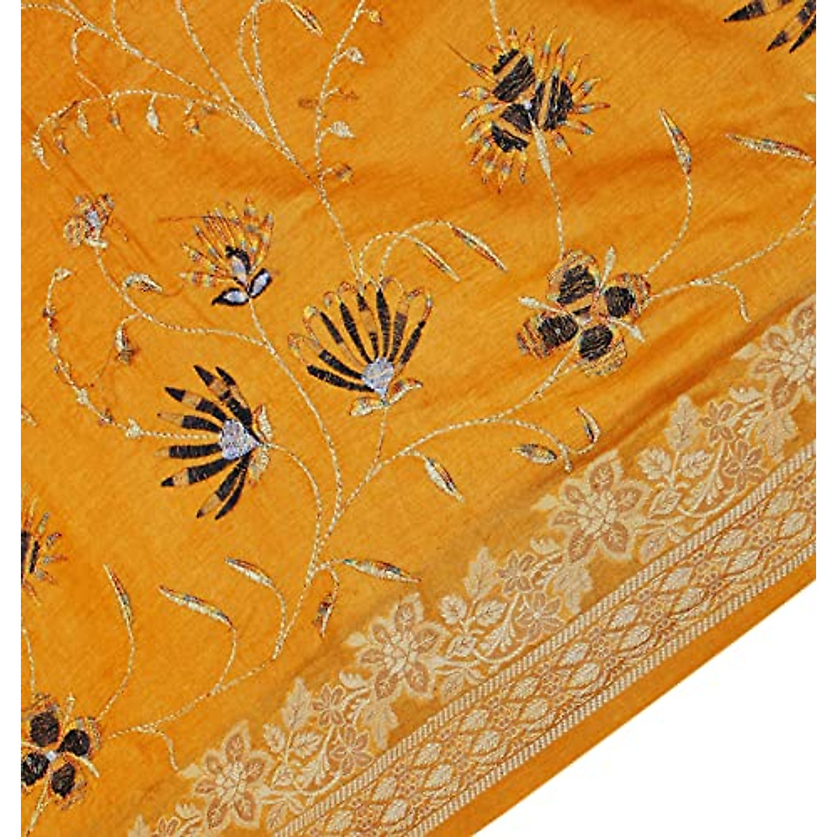 Peegli Vintage 100% Pure Silk Saree Yellow Woven Dress Making Fabric DIY Craft Sari