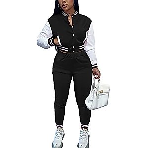 KELOVEPAN Sweatsuits for Women Set 2 Piece Patchwork Tracksuits Long Sleeve Button Down Crop Bomber Varsity Jacket Pants Set Sexy Black XXL