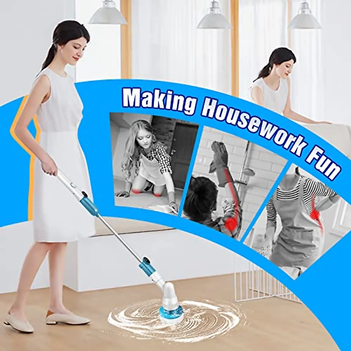 Rechargeable Electric Spin Scrubber - 5 Replaceable Cleaning Brush Heads, Cordless Shower Cleaning Brush with Long Extension Arm, Bathroom Scrubber Power Spin Scrubber for Grout Sink Tub Tile Floor