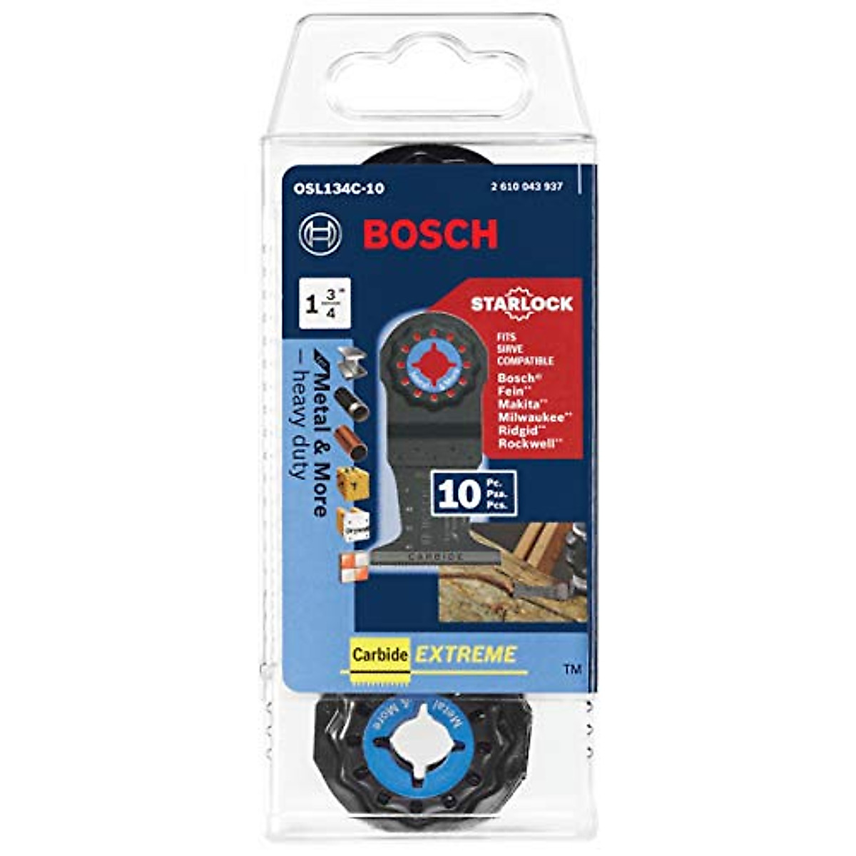 BOSCH OSL134C-10 10-Pack 1-3/4 In. Starlock Oscillating Multi Tool Metal & More Carbide Extreme Plunge Cut Blades for Cutting Iron Bar, Metal, Wood with Nails, Drywall and Tile