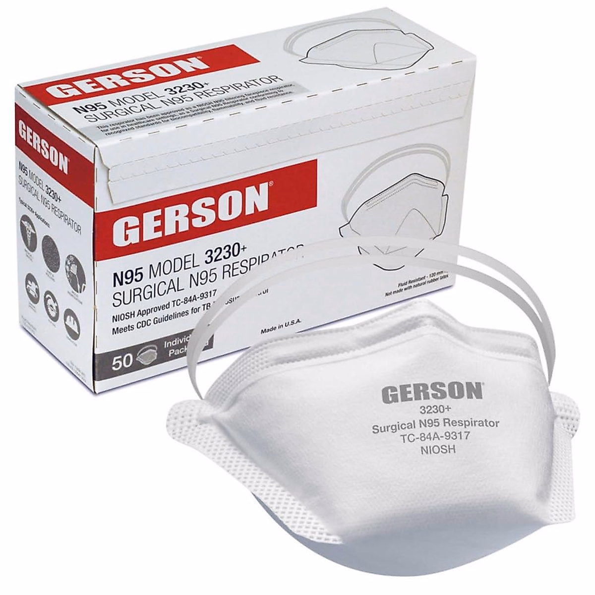 GERSON 3230 Face Mask - NIOSH Respirator Masks for Adults, 50 Respirators/Box (White)