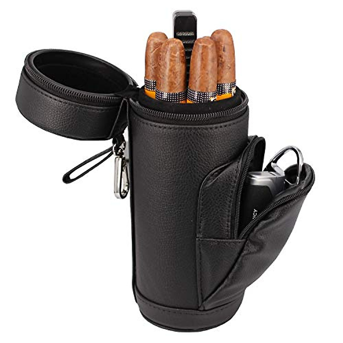 AMANCY Premium Handy Black Leather Travel Cigar Humidor Case with Accessory Pocket , Conveniently Carry Lighter and Cutter