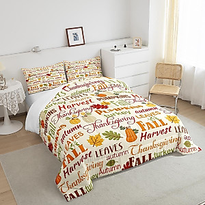 Fall Pumpkin Comforter Set King Size,Nature Farmhouse Plants Quilt Set 3Pcs,Rustic Maple Leaves Bedding Set for Kids Girls Boys Teens Room Decor,Thanksgiving Day Duvet Insert,2 Pillowcases