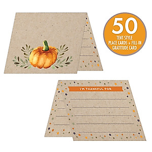 Koko Paper Co Thanksgiving Place Cards with Fill-in Gratitude Cards | Pack of 50 Cards | Printed on Heavy Card Stock.