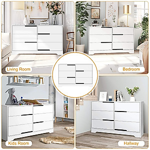 White Dresser for Bedroom with 6 Drawers, Double Dresser Chest of Drawers Kids Dresser Drawer Organizer for Nursery,Living Room,Closet, Entryway, Hallway