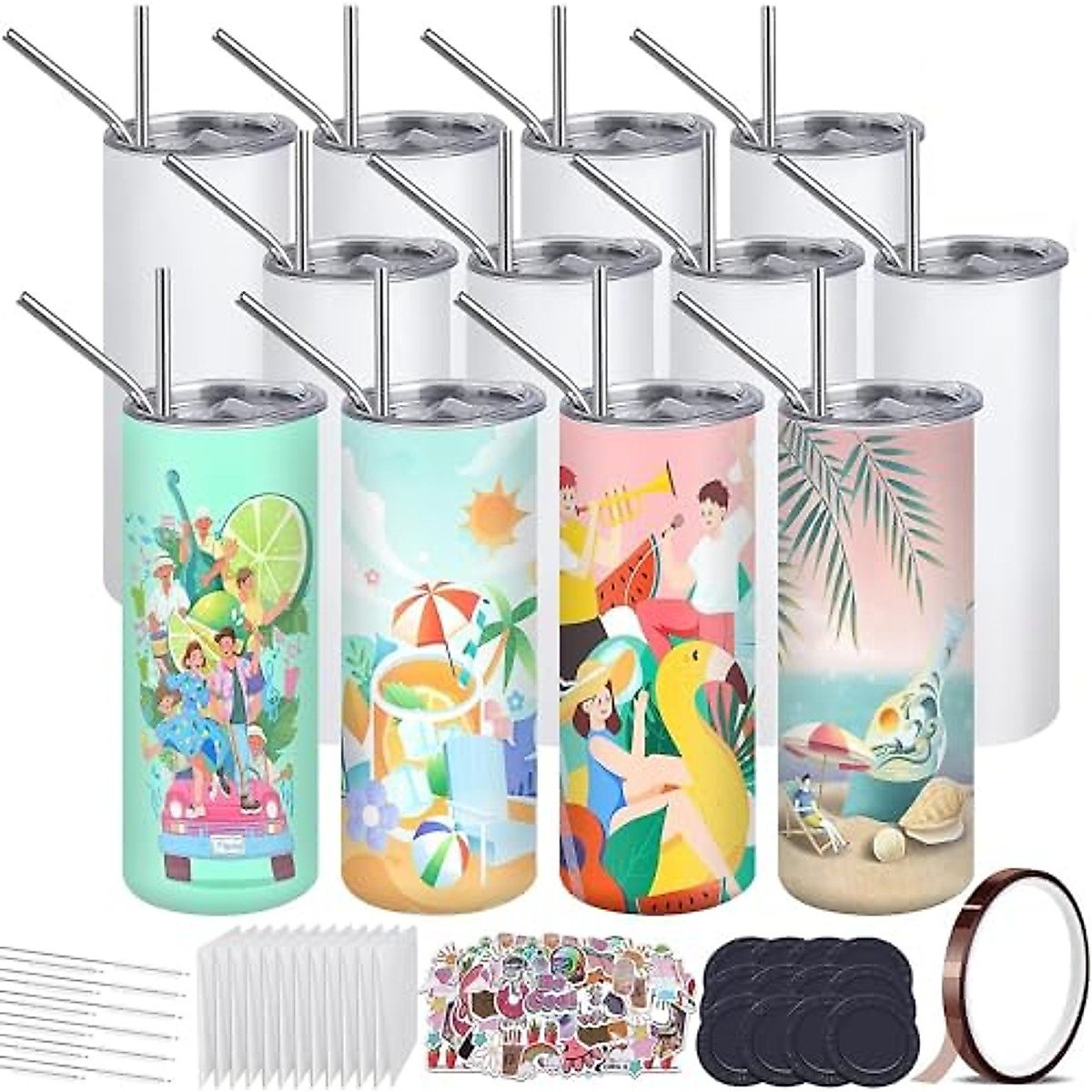 NEOACT 12 Pack Sublimation Tumblers Blanks 20 oz Stainless Steel Double Wall Insulated Straight Skinny Tumblers with Straw Lid Heat Tape Rubber Bottoms Shrink Wrap Individually Boxed for Heat Transfer