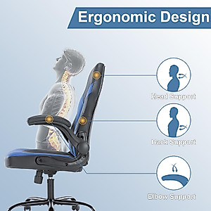 NEWBULIG Ergonomic Computer Gaming Chair with Adjustable High Backrest,Flip-up Armrests and Lumbar Support,PU Leather, Blue