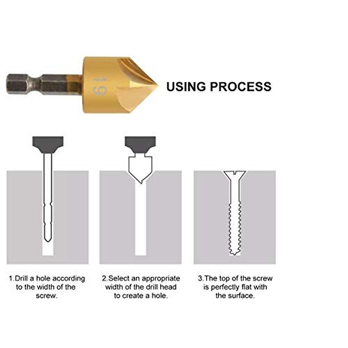 Y-imoi - Countersink Drill Bit Countersink Drill Bit Set 6 Pcs 1/4'' Hex Shank Titanium Plated HSS 5 Flute Countersink 90 Degree Center Punch Tool Chamfer Bit Sets for Wood Quick Change Bit 6mm-19mm