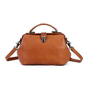 ARCOLAN Women's leather handbag retro Doctor Bag Brown Shoulder bag buckle type women's bag (Brown)