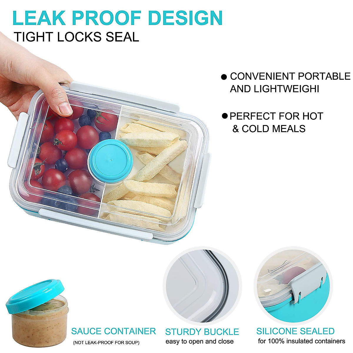 Shopwithgreen 47-oz Bento Box with Removable Tray & Dressing Pots, Food Prep Storage Containers with Lids, Coastal Aqua