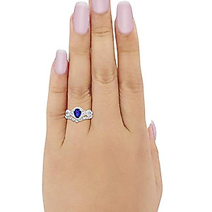 Teardrop Bridal Set Art Deco Wedding Engagement Ring Band Pear RoundSimulated Blue Sapphire Cubic Zirconia 925 Sterling Silver Size-8
