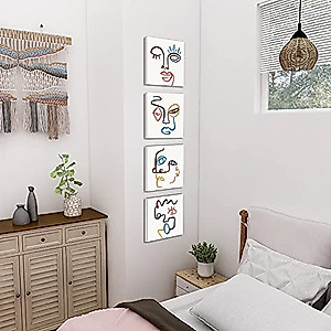 SUMGAR Abstract Face Wall Art Boho Decor Minimalist Line Drawing Artwork Mid-Century Morocco Pictures Shabby Chic Beige Framed Canvas Prints for Bathroom Bedroom Living Room - 12" x 12" 4 panel