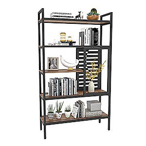 Weehom 5-Tier Adjustable Industrial Bookshelf, Modern Wood Bookcase with Stable Metal Frame, Open Storage Shelves Standing Shelving Unit for Living Room Bedroom Kitchen Office