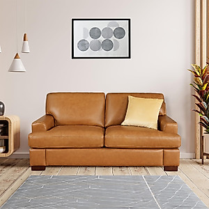 Naomi Home Siggy Genuine Leather Loveseat - Luxurious Comfort, Goose Feather Cushion Filling, Square Arm Design, Sturdy Block Legs, Elegant Tan - Ideal for Living Room, Office, or Bedroom