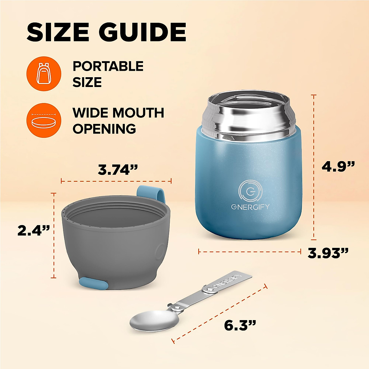 ENERGIFY Vacuum Insulated Food Jar Wide Mouth 17 Oz Soup Thermo with Folding Spoon - Thermal Lunch Containers for Kids & Adults - Leak Proof Stainless Steel Thermos for Hot Food Keep 12H and Cold 24H
