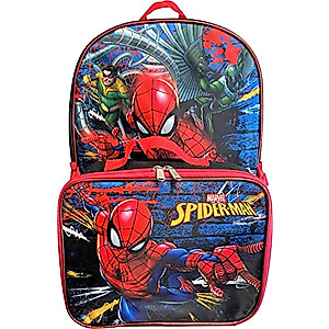 Ruz Spiderman Boys 16 Inch Backpack With Removable Matching Lunch Box Set (Black-Red)