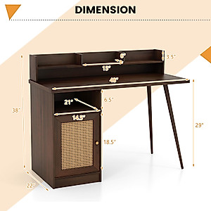 Tangkula Mid Century Desk with Hutch, 48” Writing Study Desk with PE Rattan Storage Cabinet & Shelves, Laptop PC Desk with Rubber Wood Legs, Compact Computer Workstation for Home Office (Brown)