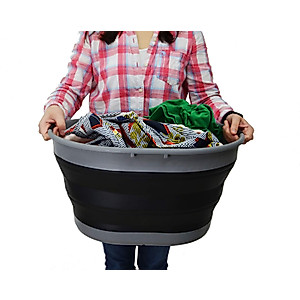 SAMMART 25L(6.6 gallon) Collapsible Oval Laundry Basket-Foldable Storage Container/Organizer-Portable Washing Tub-Space Saving Hamper-Pet Bath Tub,Water capacity 20L(5.28 gallon) (Grey/Black)