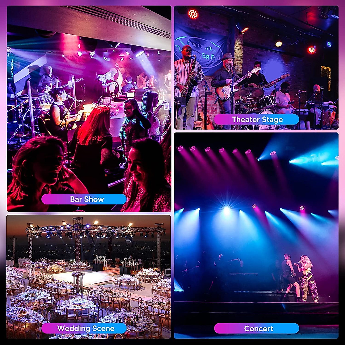 Seven Stars LED Stage Lights Sound Activated, RGB DMX Stage DJ Lights Sound Activated, LED Par Lights Party Wash Lights for Parties, Church, Concert, Wedding, Bar, Club Stage Lighting (4 Pack)