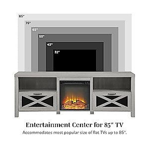 Walker Edison Calgary Industrial Farmhouse X-Drawer Metal Mesh and Wood Fireplace TV Stand for TVs up to 80 Inches, 70 Inch, Stone Grey