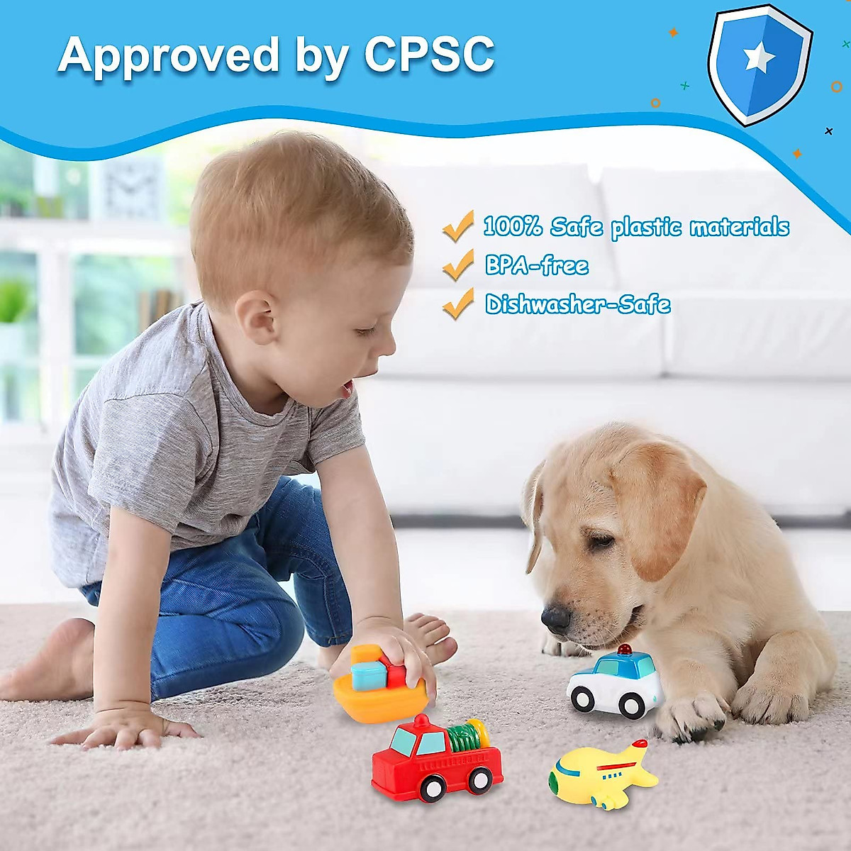 Toddler Bath Toys Bathtub Toy - Kids Floating Water Spray Toy Fun Bathtime with Boat, Plice Car,Fire Truck and Plane Plastic Toy for Baby Boys and Girls