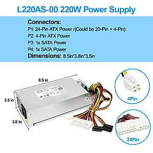 S-Union 220W Power Supply Compatible with Dell Inspiron 3647 660s Replacement for Acer X1420 X3400 eMachines Gateway Series Delta DPS-220UB A Liteon L220AS-00 L220NS-00 PS-5221-03DF R82HS 650WP P3JW1