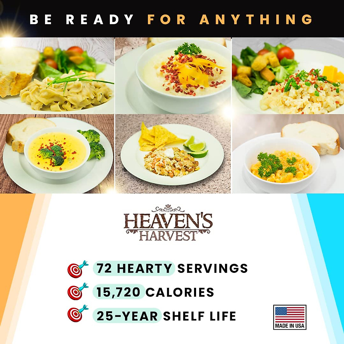 Heaven’s Harvest Emergency Food Supply (72 Entrée Servings) — 100% Real Freeze-Dried Survival Food Kit with a 25-Year Shelf Life. Non-Perishable, Freeze-Dried, MRE Meals/Non-Perishable Camping Food