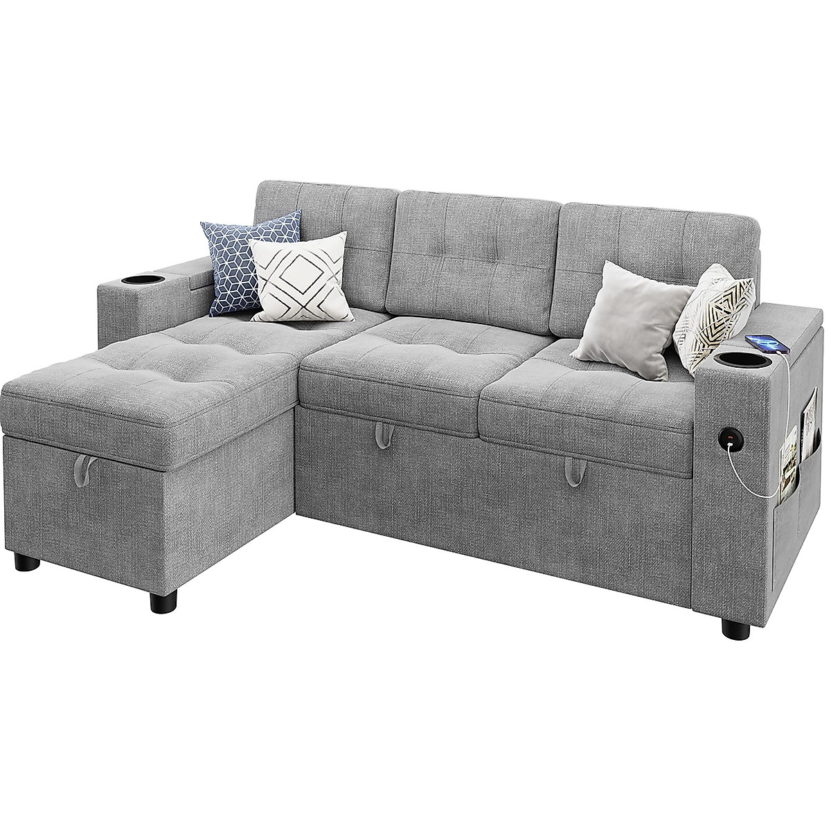Sofa Bed- 2 in 1 Pull Out Couch Bed with Storage Space and Arms,Sleeper Sofa with Pull Out Bed,L-Shaped Sofa Couch Bed,1 USB-A, 1 Type-C,Pull Out Couch for Living Room ,Linen Sectional Sofa,Grey