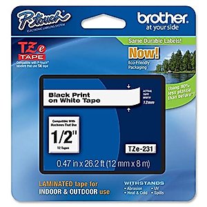 Genuine P-Touch TZE-231 Tape, 1/2" (0.47") Wide Standard Laminated Tape, Black on White, Laminated for Indoor or Outdoor Use, Water-Resistant, 0.47" x 26.2' (12mm x 8M), TZE231, Pack of 12