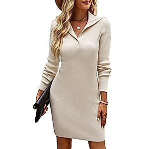 Vaiaye Women’s Sweater Dress Long Sleeve Bodycon Knit Stretchable Elasticity Button Down Winter Fall Pullover Jumper Dresses Apricot