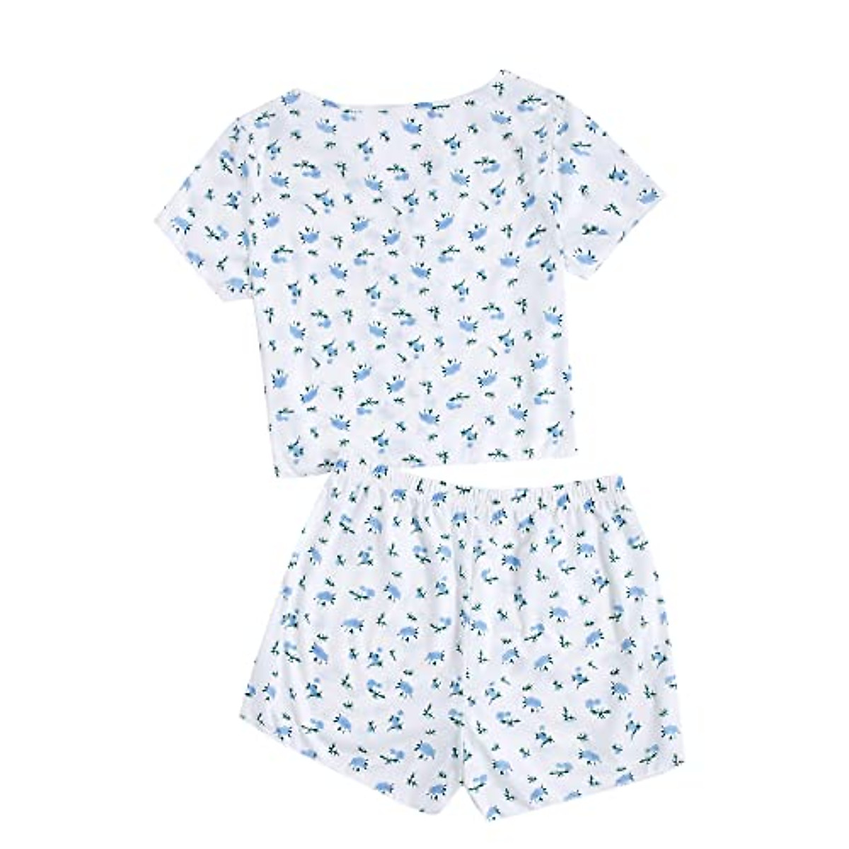 Verdusa Women's 2-Piece Button Down Short Sleeve Ditsy Floral Button Front Sleepwear Loungewear PJ Set White L